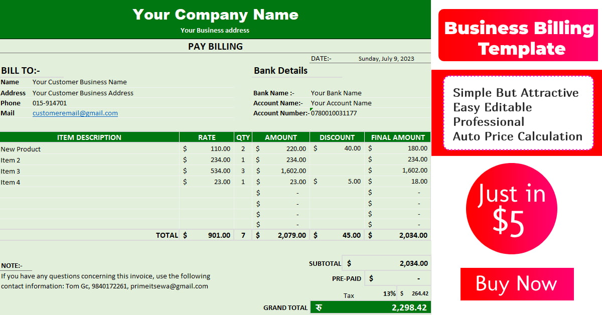 Excel Easy Billing Template For Business - Prime IT Sewa